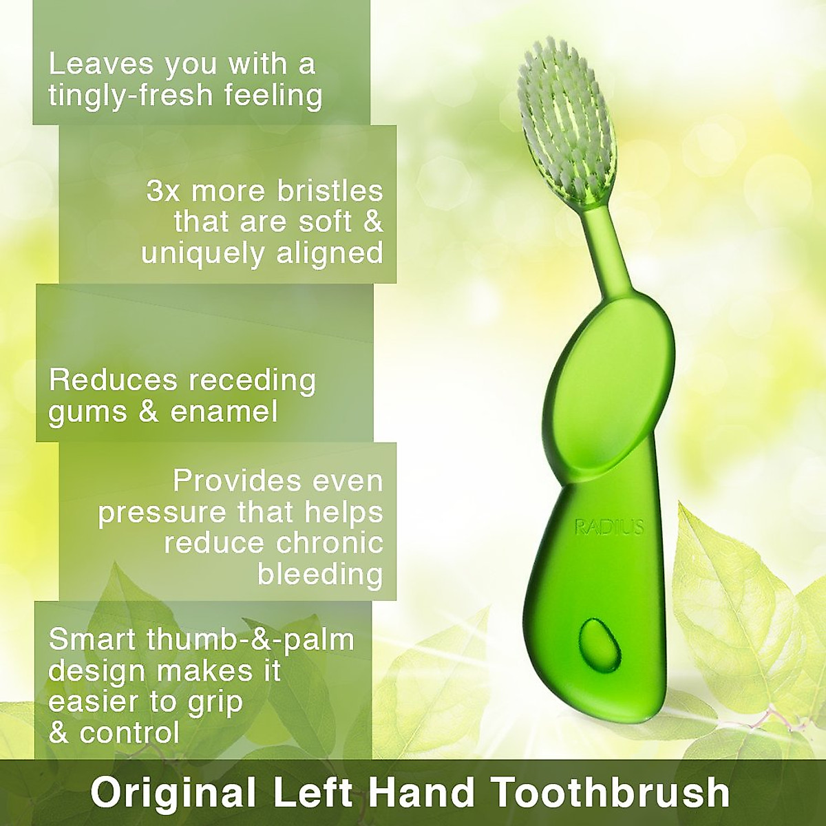 RADIUS - Original Left Hand Toothbrush, Soft Bristles, Designed to Improve Gum Health and Reduce the Risk of Gum Disease, Made with Sustainable Materials (Colors May Vary)