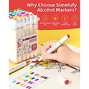 Simetufy 36 Colors Alcohol Markers Brush and Chisel Dual Tip, Coloring Alcohol Markers Set for Coloring Books Drawing Supplies, Basic Bright Colors