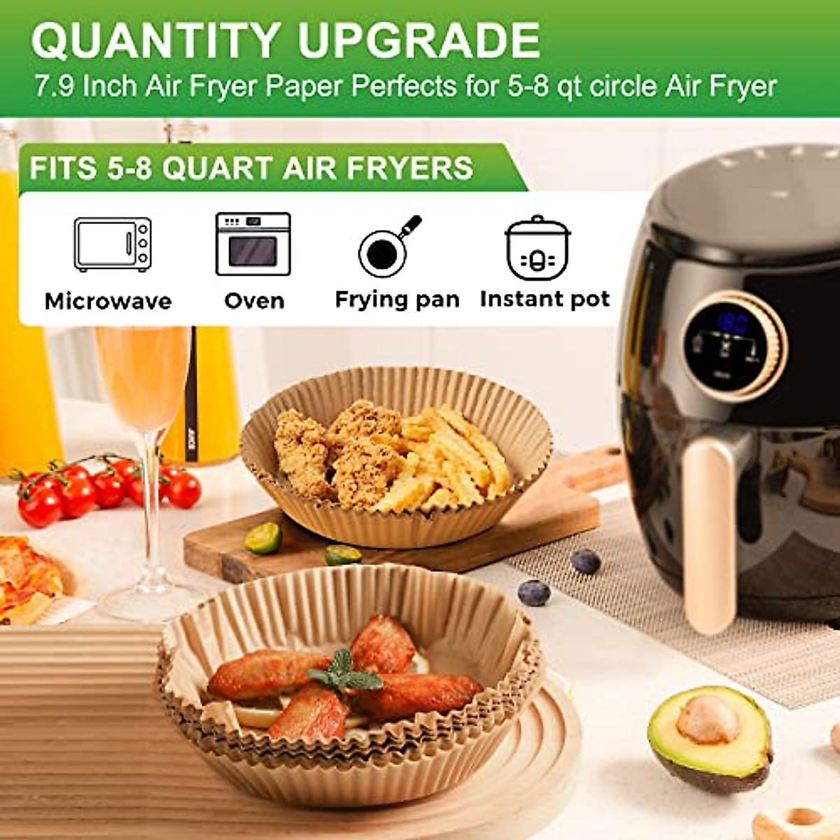 Air Fryer Disposable Paper Liners: 125Pcs 8In Parchment Paper Food Grade Baking Liner for 5-8 QT Airfryer Basket