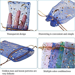 yuntop 100Pcs Moon Star Organza Jewelry Candy Pouch, Gift Bags Pouches for Wedding Party Valentine's Day (Mixed Color, 3.5 x 4.7 inch)