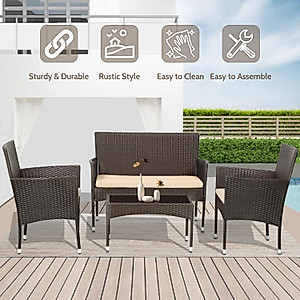 FDW Patio Furniture Set 4 Pieces Outdoor Rattan Chair Wicker Sofa Garden Conversation Bistro Sets for Yard (Brown)