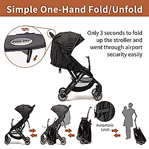 Lightweight Travel Stroller - Compact Travel Stroller for Airplane, One-Hand Folding Baby Stroller, Toddler Stroller w/Adjustable Backrest/Footrest/T-Shaped Bumper(Black)