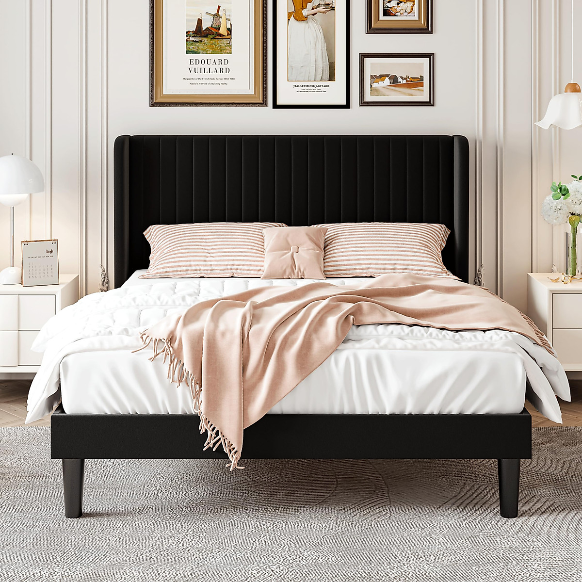 SHA CERLIN Queen Size Velvet Bed Frame with Vertical Channel Tufted Wingback Headboard, Upholstered Platform Bed with Wood Slats, No Box Spring Needed, Easy Assembly, Black