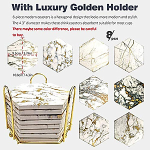 8 Pcs Drink Coasters with Metal Holder Stand, Marble Design Ceramic Coaster Set, Cork Base, for Tabletop Protection, Home Decor, Bar Coasters (Golden)