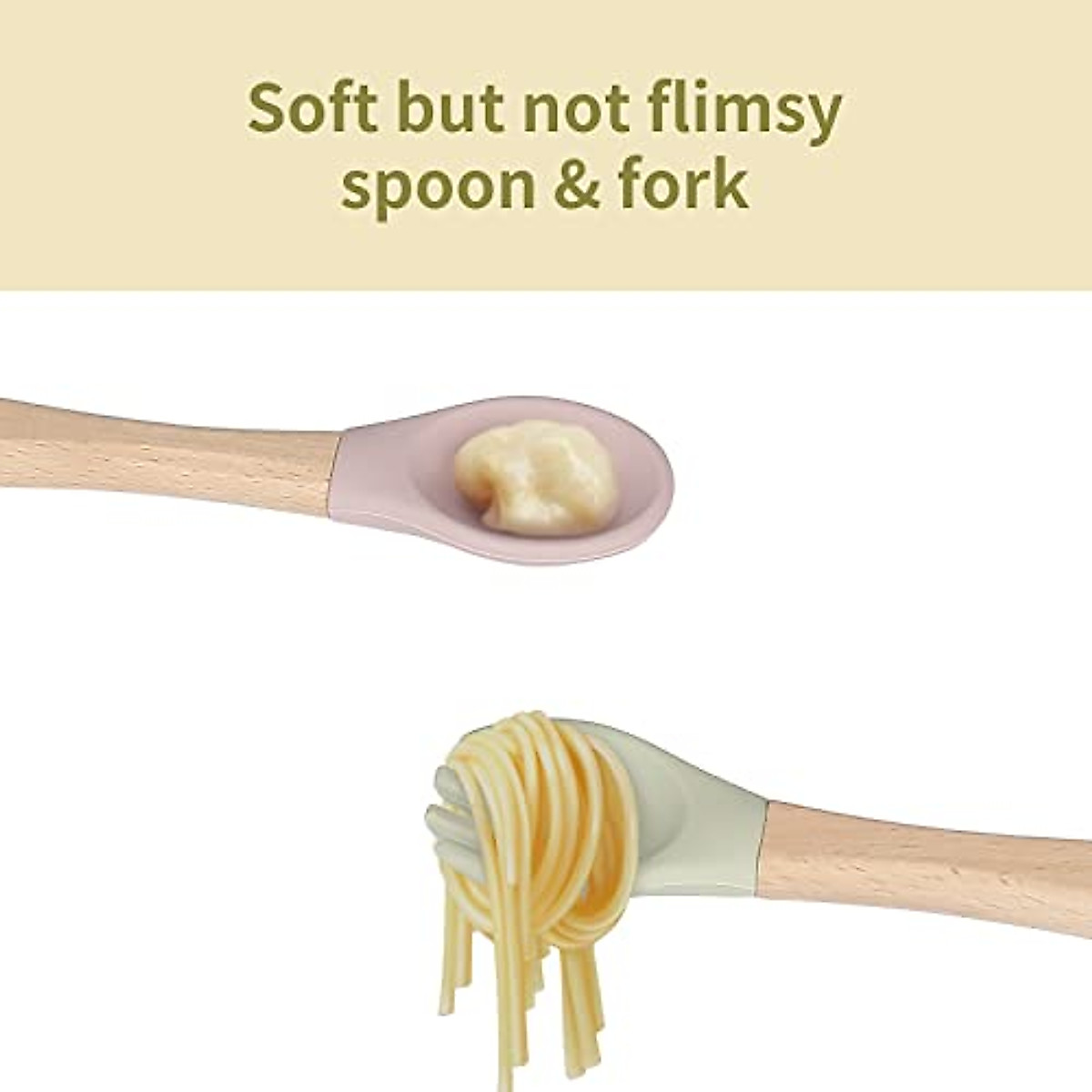 Baby Self Feeding All Natural Beech Wood Fork and Spoon Set - BPA Free, Toddler Tableware, Suitable For Stage 1 Babies - Soft Curved Food Grade Silicone Head, Gum Friendly Training (PINK)