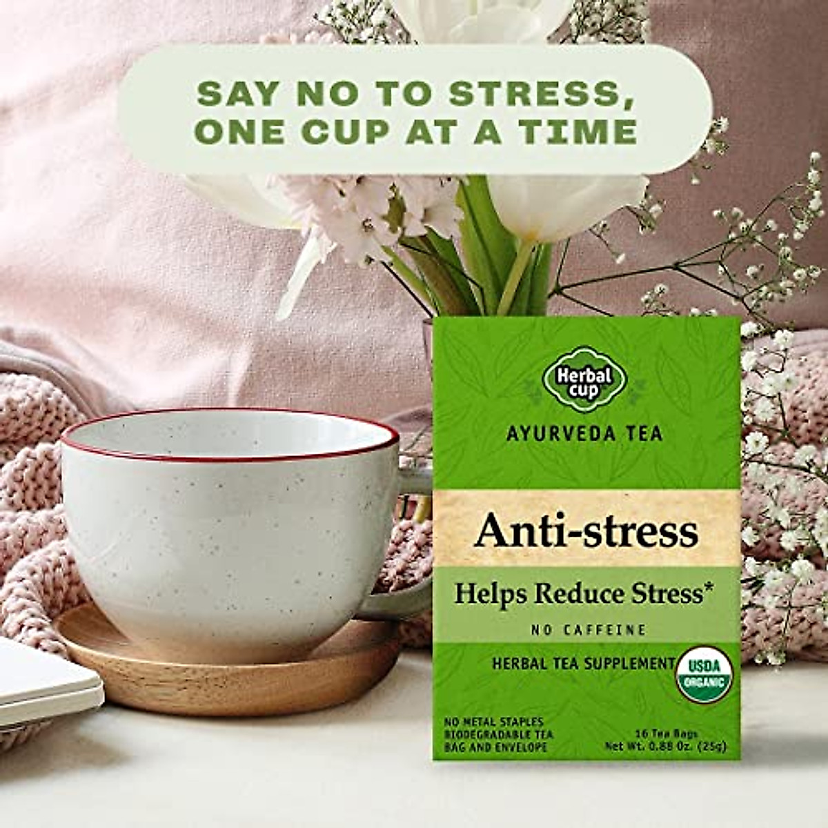 Herbal Cup Ayurveda Tea, Organic Anti-Stress, No Caffeine Herbal Supplement (Anti-Stress, 16 Count (Pack of 1))