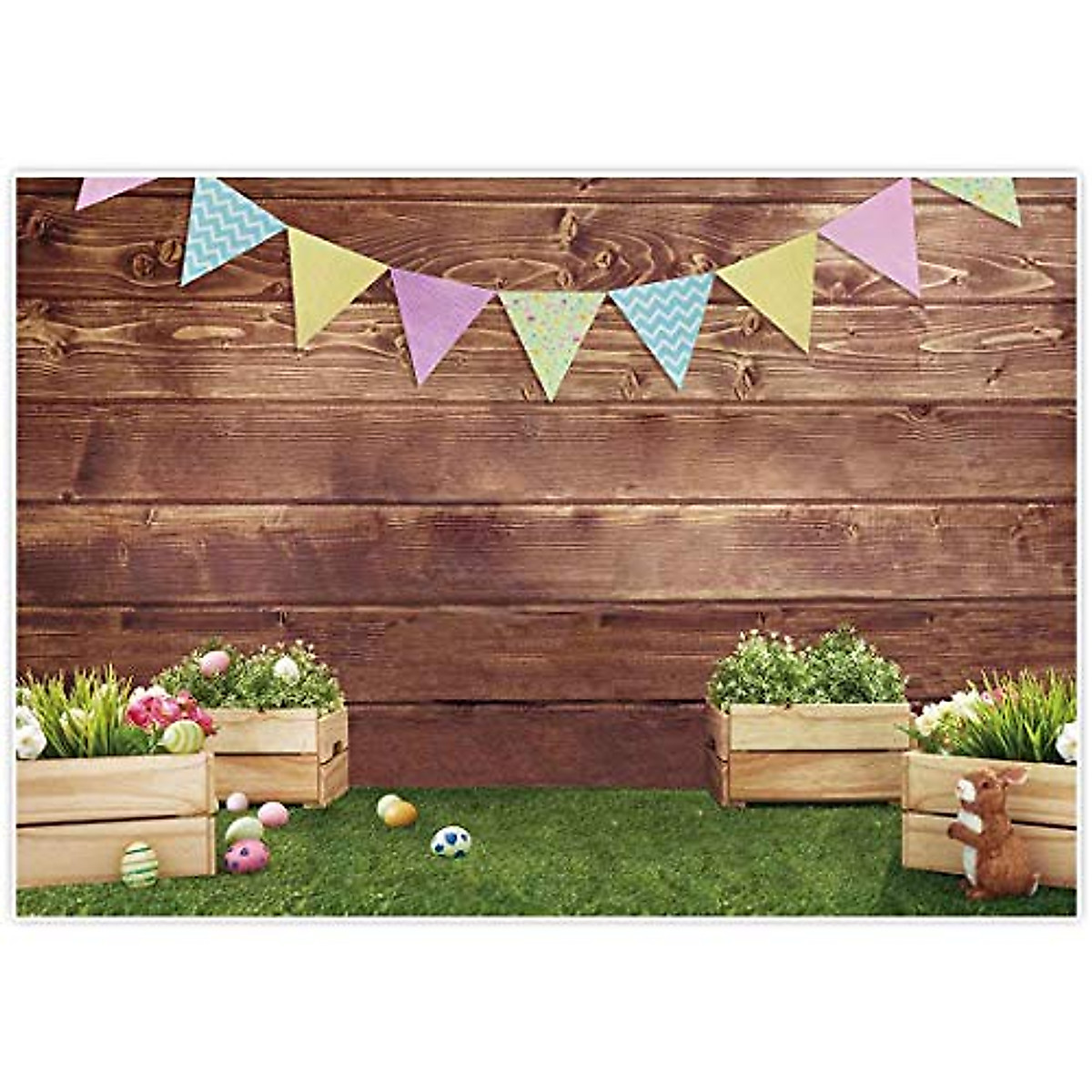 Allenjoy 7x5ft Fabric Spring Easter Backdrops for Girls Photography Wrinkle Free Happy Bunny Rabbit Green Grass Brown Wooden Wall Baby Shower Kid Newborn Portrait Background Photo Studio Shooting