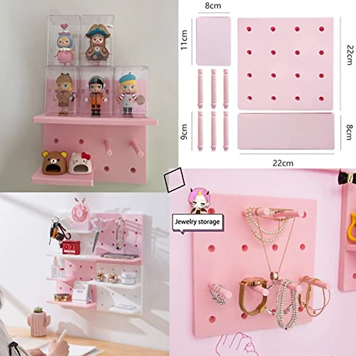 HGYZE Peg Boards for Walls with Shelf & Hooks, No Punching Craft Room Storage for Bedroom Garage Living Room Office, Pegboard Ledges Organizer, 4 Pack Decorative Wall Panel Kits - 22cm Square (Pink)