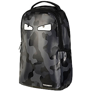 The Enemy Camo Bagpack, Unisex Eco PU Leather Backpack with Exclusive Blackout Zippers, Black Camo, One Size