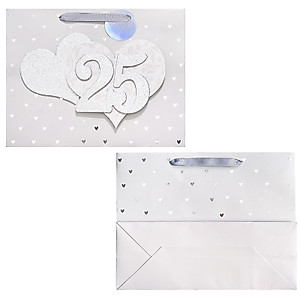 LeZakaa 13" Wedding Gift Bag, Silver Gift Bag with Tissue Paper, Gift Tag and Card - Number 25" with Heart 3D Paster for Silver Wedding Anniversary Celebrations