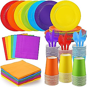 420 Pieces Rainbow Disposable Dinnerware Tableware Set 7 9 Inch Colorful Party Paper Plates Paper Cups Napkins Spoons Forks Knives Complete Party Pack for Birthday Neon Fiesta Party Supplies