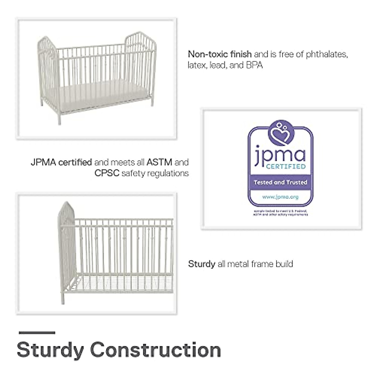 Novogratz Bushwick Metal Crib with Adjustable Mattress Height, Off White