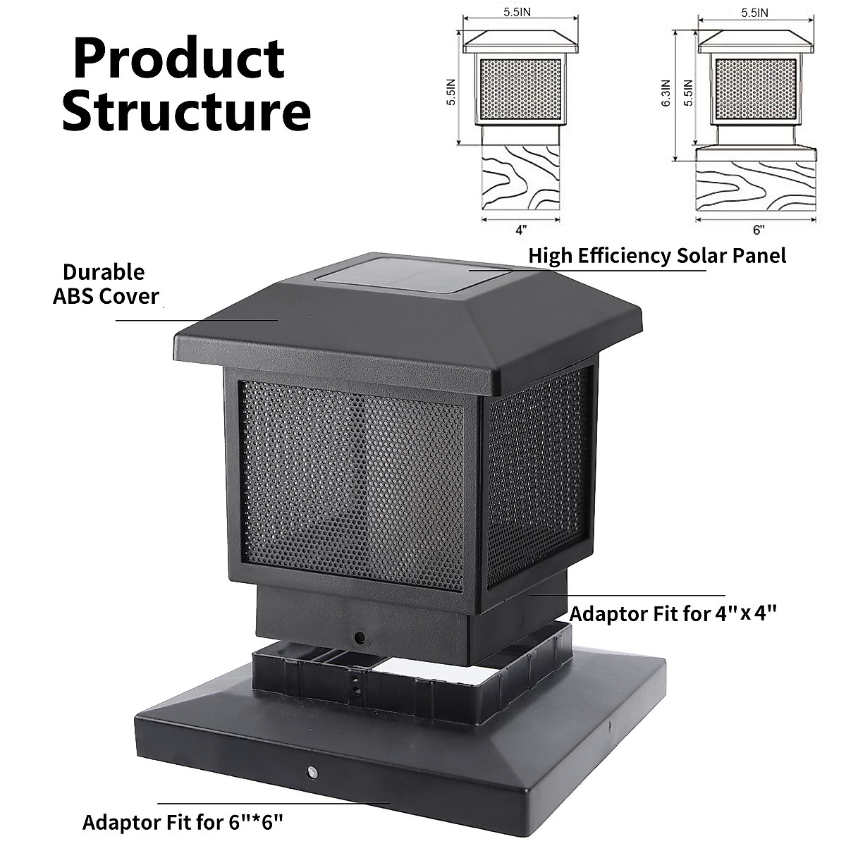Glintoper 2 Pack Solar Fence Post Lights Outdoor, Solar Powered Post Cap Lights, High Brightness SMD LED Decorative Lighting Waterproof for 4x4, 5x5 or 6x6 Wood Posts, Patio Yard Landscape Decor