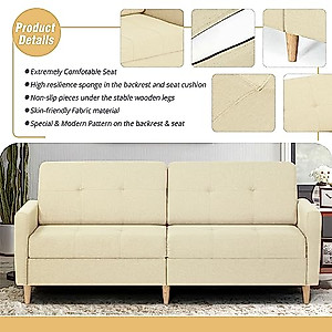 HoynPuko Modern Sofa Bed Breathable Linen Fabric Convertible Loveseat Couch with Wooden Legs and Adjustable Backrest for Office Living Room Apartment, 77" W x 32" D x 34" H Beige