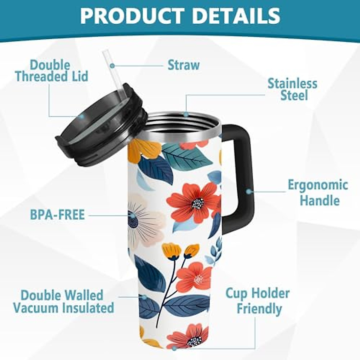 FRCSDIY Beautiful Flowers Insulated Tumbler with Handle and Straw Lid,40oz Leakproof Stainless Steel Cup BPA-Free Water Bottle