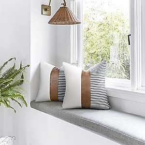 cygnus Set of 2 Farmhouse Decor Stripe Patchwork Linen Throw Pillow Covers,Modern Tan faux Leather Accent Pillow Covers 18x18 inch,Gray