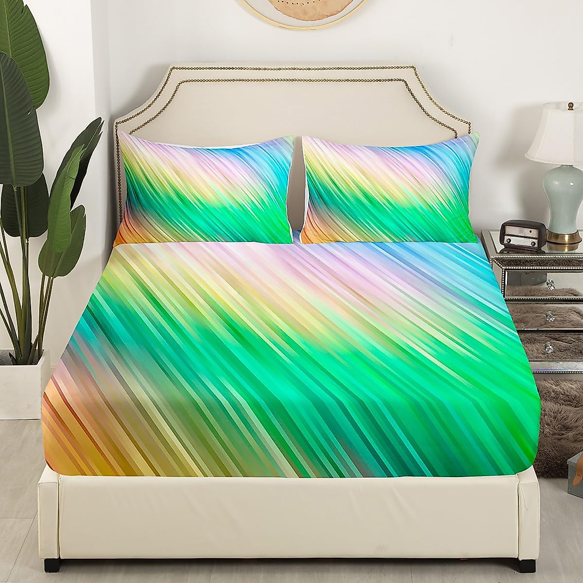 Girls Green Yellow Pink Stripes Bedding Set Twin Size Geometric Decor Bed Set for Teens Bedroom Decor Kids Sheet Microfiber Abstract Art Gradient Bed Cover(1 Fitted Sheet+1 Pillow Case)
