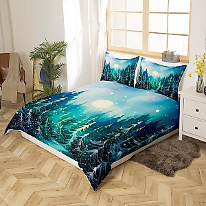 Pine Trees Christmas Duvet Cover Set Queen Size, Moonight Starry Sky Bedding Set,Boys Girls Room Decor,Pines Botanical Leaves Natural Comforter Cover,Cyan Rustic Farmhouse Quilt Cover,2 Pillowcases