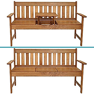 Sunnydaze Meranti Wood Outdoor Bench with Teak Oil Finish and Built-in Pop-Up Table - Comfortable Patio Seating for 2 Adults - Modern Occasional Bench - Decorative Porch Furniture - 60-Inch