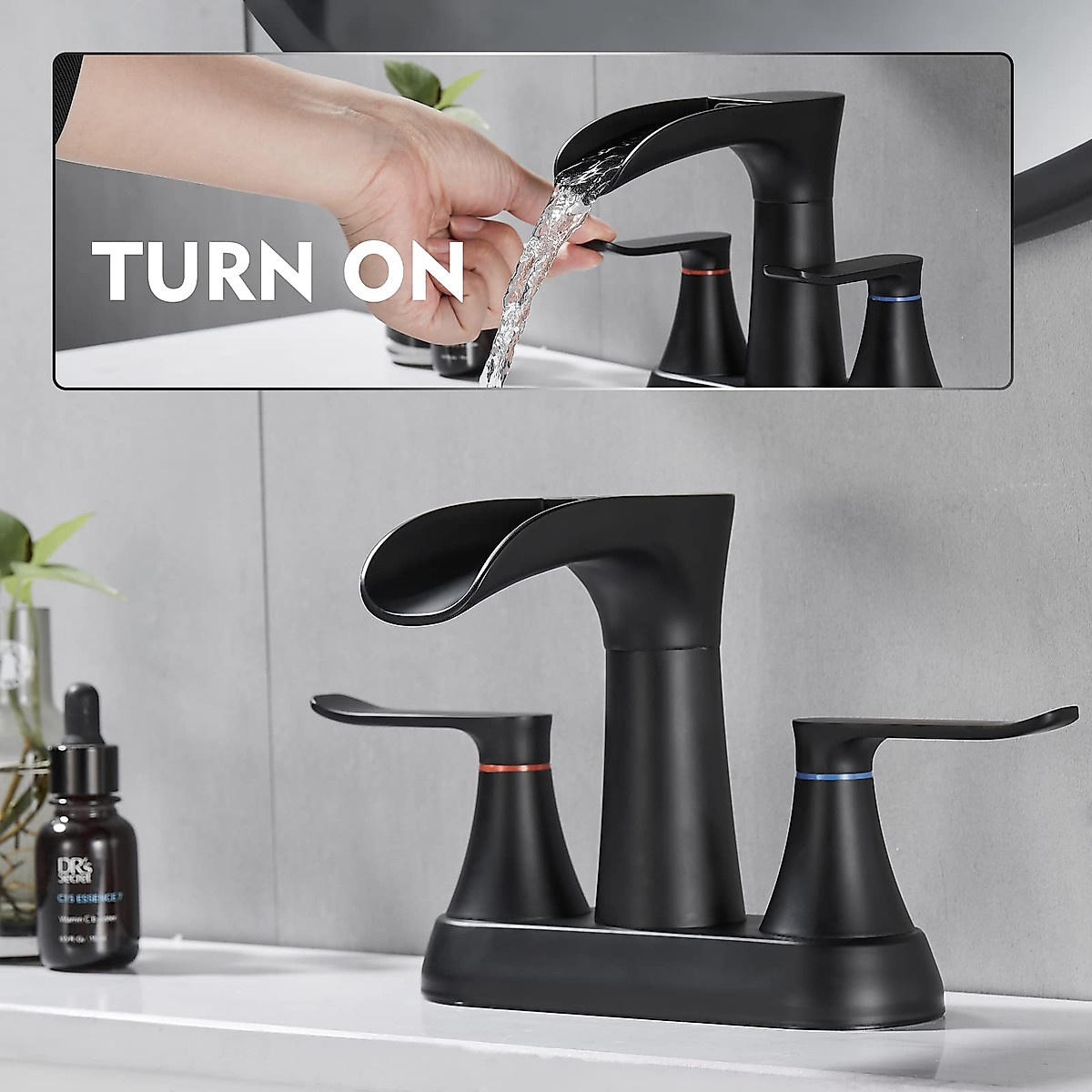 Matte Black Bathroom Faucet,Yundoom 4 Inch Centerset Bathroom Faucet,Waterfall Bathroom Faucet,2 Handle Bathroom Faucet for Sink 3 Hole,360 Degree Swivel Spout Bathroom Sink Faucet with Pop Up Drain