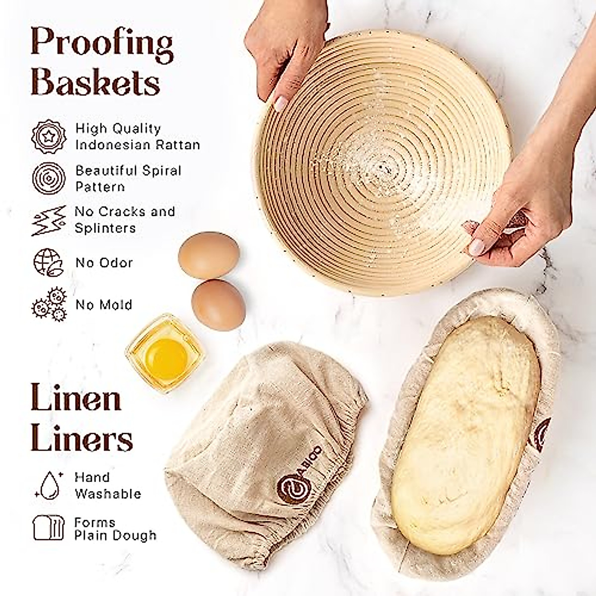 Sourdough Bread Baking Supplies and Proofing Baskets, A Complete Bread Making Kit Including 10" Round & 11" Oval Rattan Bannetons, Bread Lame, Bowl & Dough Scrapers, Danish Whisk and Linen Liners