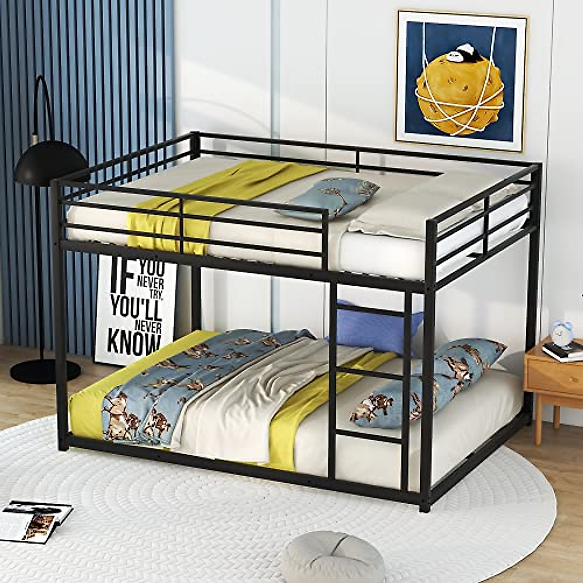 Full Over Full Metal Bunk Bed, Low Bunk Bed with Ladder for Kids Toddlers Teens, No Box Spring Needed， Black