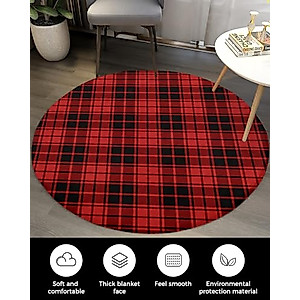 Christmas Fluffy Round Area Rug Carpets 3.3ft, Plush Shaggy Carpet Soft Circular Rugs, Non-Slip Fuzzy Accent Floor Mat for Living Room Bedroom Nursery Home Decor Buffalo Plaid Red Black Lattice