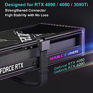 Agtray PCI-e 5.0 Cable Extender 90 Degree Angle, 12VHPWR Connector 16Pin(12+4) Male to 3x8Pin Female 16AWG Sleeved Power Extension Cord with Cable Combs for RTX 4090/4080/3090Ti (12.6in, Black)