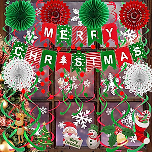 FECEDY Merry Christmas Banner Paper Fan Flower Circle Confetti Dots Hanging Garlandand Swirl Streamers Christmas Tree Christmas Snowman God Tang for Christmas Party Decoration