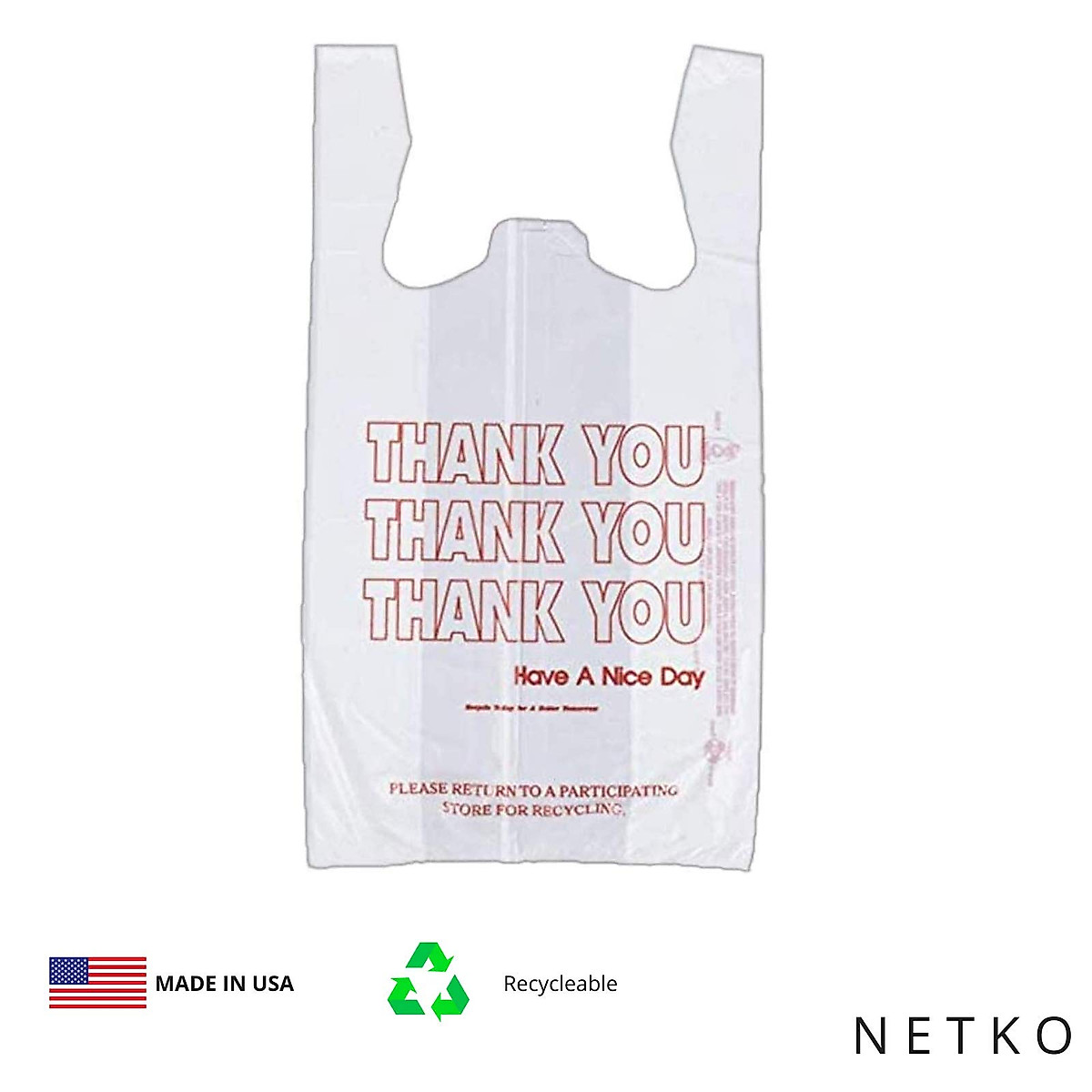 Netko Thank You Shopping Bags - Plastic Grocery Reusable White Bags | T-shirt Bags | Heavy Duty Gift Carrier Market Bags in Bulk 50 Pack