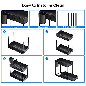 YYS Upgraded Under Sink|Cabinet Organizers for Kitchen|Bathroom, 2-Tiers Both Pulling-Out Wider & Higher Storage, Under Kitchen|Bathroom Sink Organizers and Storage Double Sliding Out with 4 Hooks