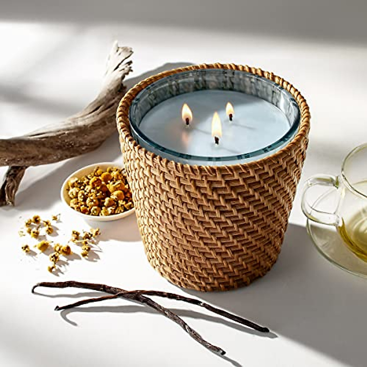 NEST Fragrances Driftwood & Chamomile Scented 3-Wick, Long-Lasting Candle for Home with Rattan Sleeve, 21 Oz