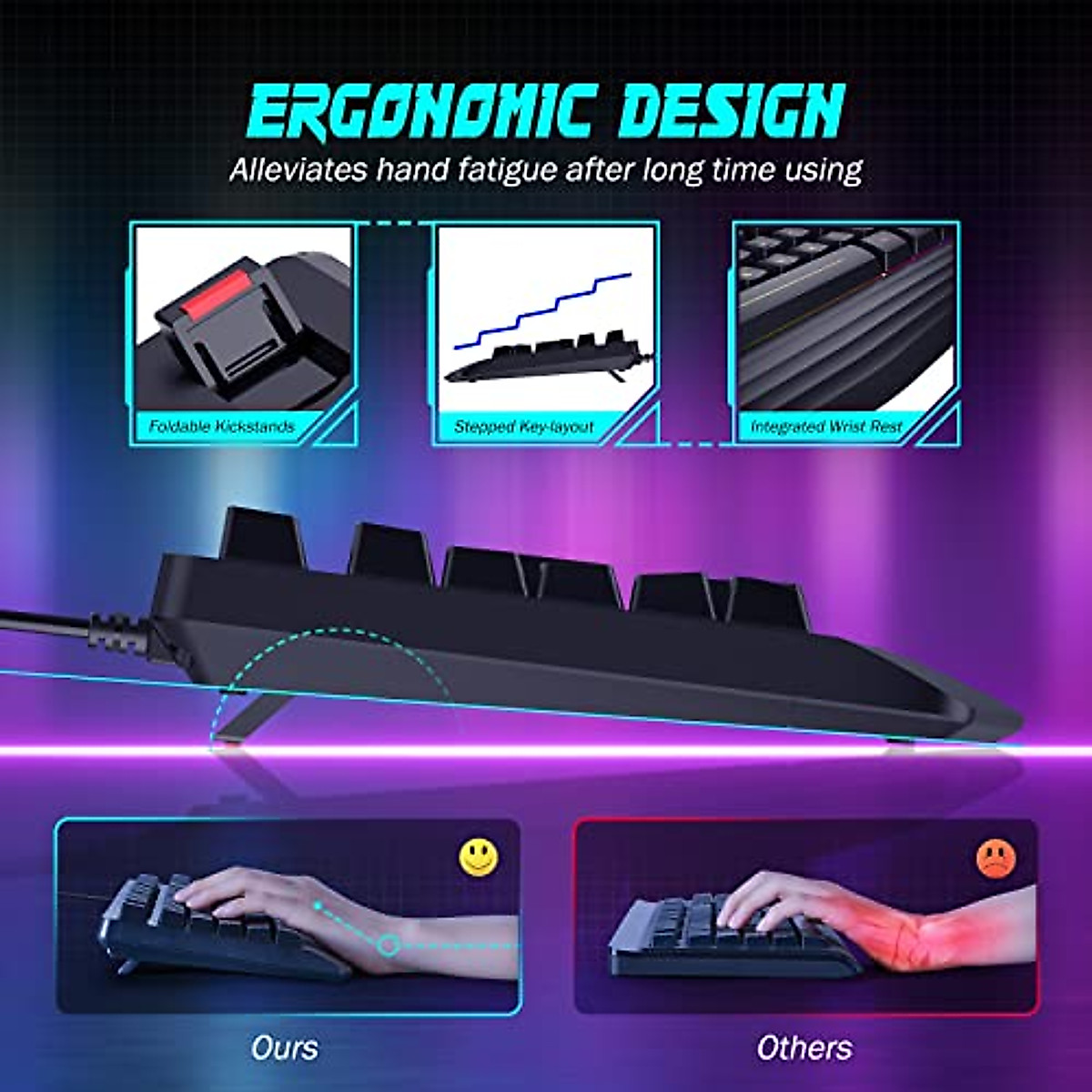 yesbeaut Gaming Keyboard, 7-Color Rainbow LED Backlit, 104 Keys Quiet Light Up Keyboard, Wrist Rest, Whisper Silent, Anti-ghosting Multimedia Keys, Waterproof USB Wired Keyboard for PC Mac Xbox