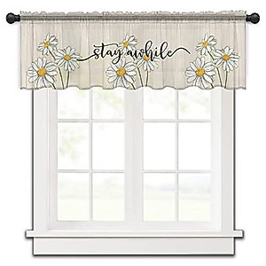 BOBOWUNY Farmhouse Flower Sheer Window Valance Rod Pocket Valance Curtain, Semi Sheer Drapery for Bedroom Kitchen Window Decor Curtains, 1 Panel 54"x18" Gold White Daisy Floral Watercolor