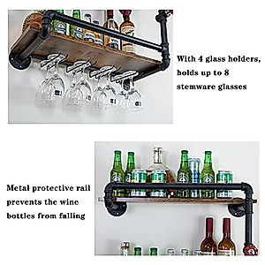 BOTAOYIYI Wine Rack Wall Mounted 2 Tier, Hanging Floating Small Mini Bar Liquor Shelves with Glass Holder Storage Under, Industrial Rustic Pipe Farmhouse Kitchen Decor Black(23.6x10.6x19.7)