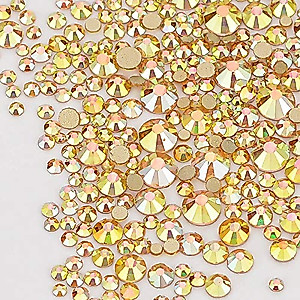 Dowarm 2650 Pieces Glue Fix Glass Flat Back Crystal Rhinestones Round Gems, 6 Sizes 1.5mm - 6.5mm, Non Hotfix Flatback Crystals Loose Gemstones for Crafts Nail Face Art Clothes (Metal Sunlight/Gold)