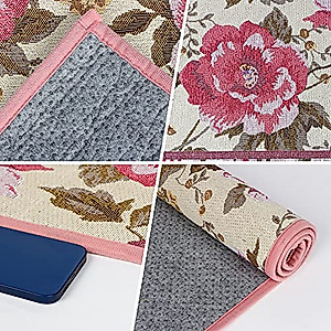 yazi Fabric Kitchen Mat Area Rug Red Striped Flower Non-Slip Rubber Backing Floomat,47x18 Inches