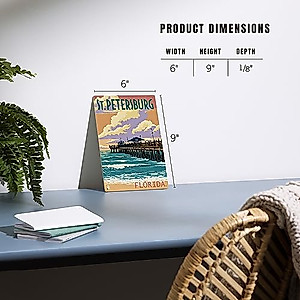 Lantern Press 6x9 Inch Wood Sign, Ready to Hang Wall Decor, St Petersburg, Florida, Pier and Sunset