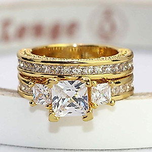 ringheart Couple Rings Three stone Yellow Gold Filled Princess cut Cz Womens Wedding Ring Sets Titanium Wedding Band