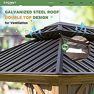 EROMMY 12' x 14' Gazebo, Wooden Finish Coated Aluminum Frame Canopy with Double Galvanized Steel Hardtop Roof, Outdoor Permanent Metal Pavilion with Curtains and Nettings for Patio, Backyard and Deck