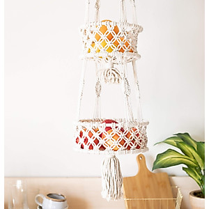SnugLife Macrame 3 Tier Hanging Basket - Space Saving Hanging Fruit Basket for Kitchen or Decorative Boho Decor Hanging Plant Holder - Use for Produce Baskets, Indoor Planter Hangers, 42 Inches Beige