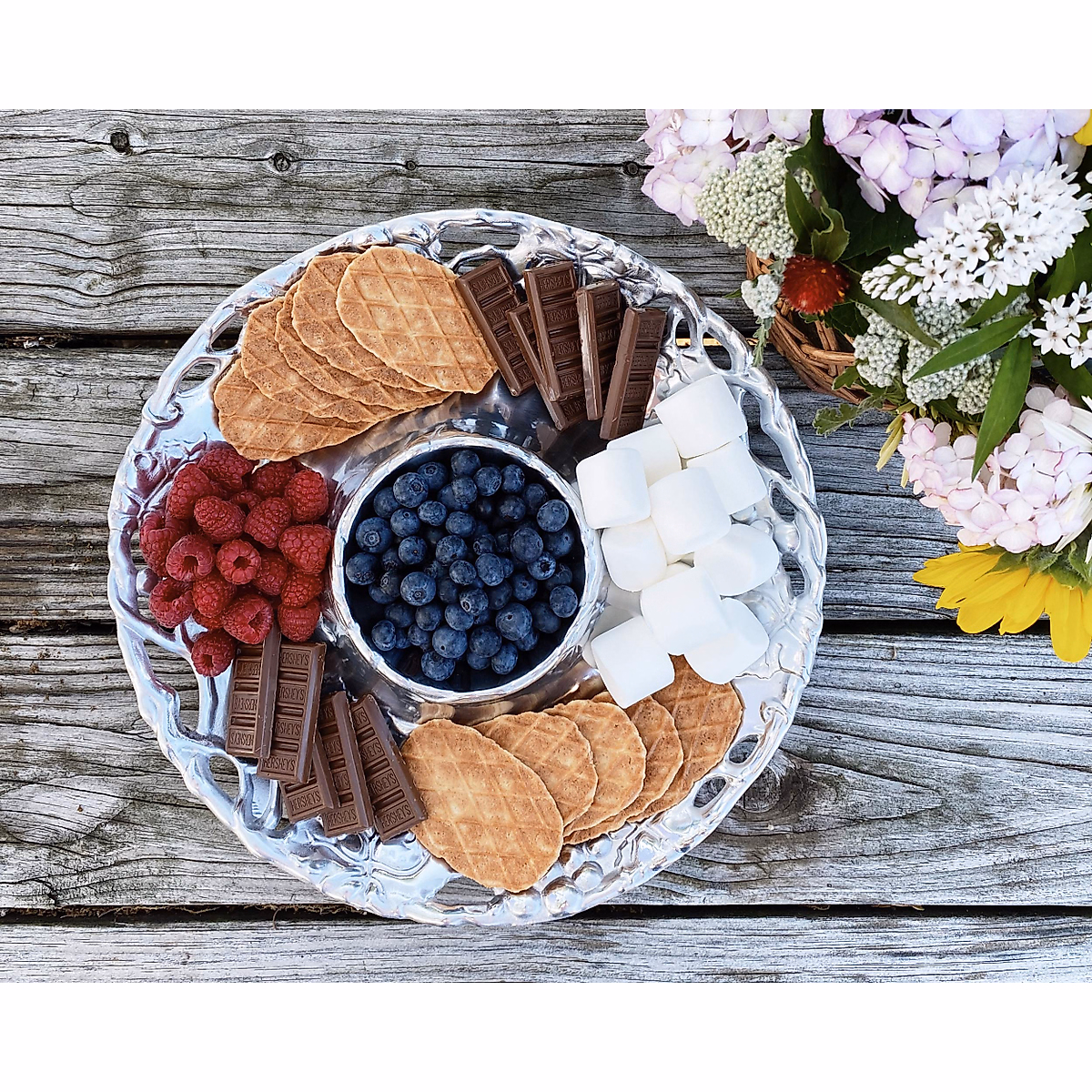 Arthur Court Designs Metal Grape Chip and Dip Platter in Grape Pattern Sand Casted in Aluminum with Artisan Quality Hand Polished Designer Tarnish-Free 14 inch Diameter