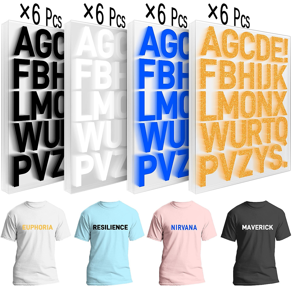 24 Sheets 624 pcs Iron on Letters, Heat Transfer Iron-On Letters for Clothing, T-Shirts and Their Fabrics Printing DIY Craft, Includes Gold, Blue, Black, White