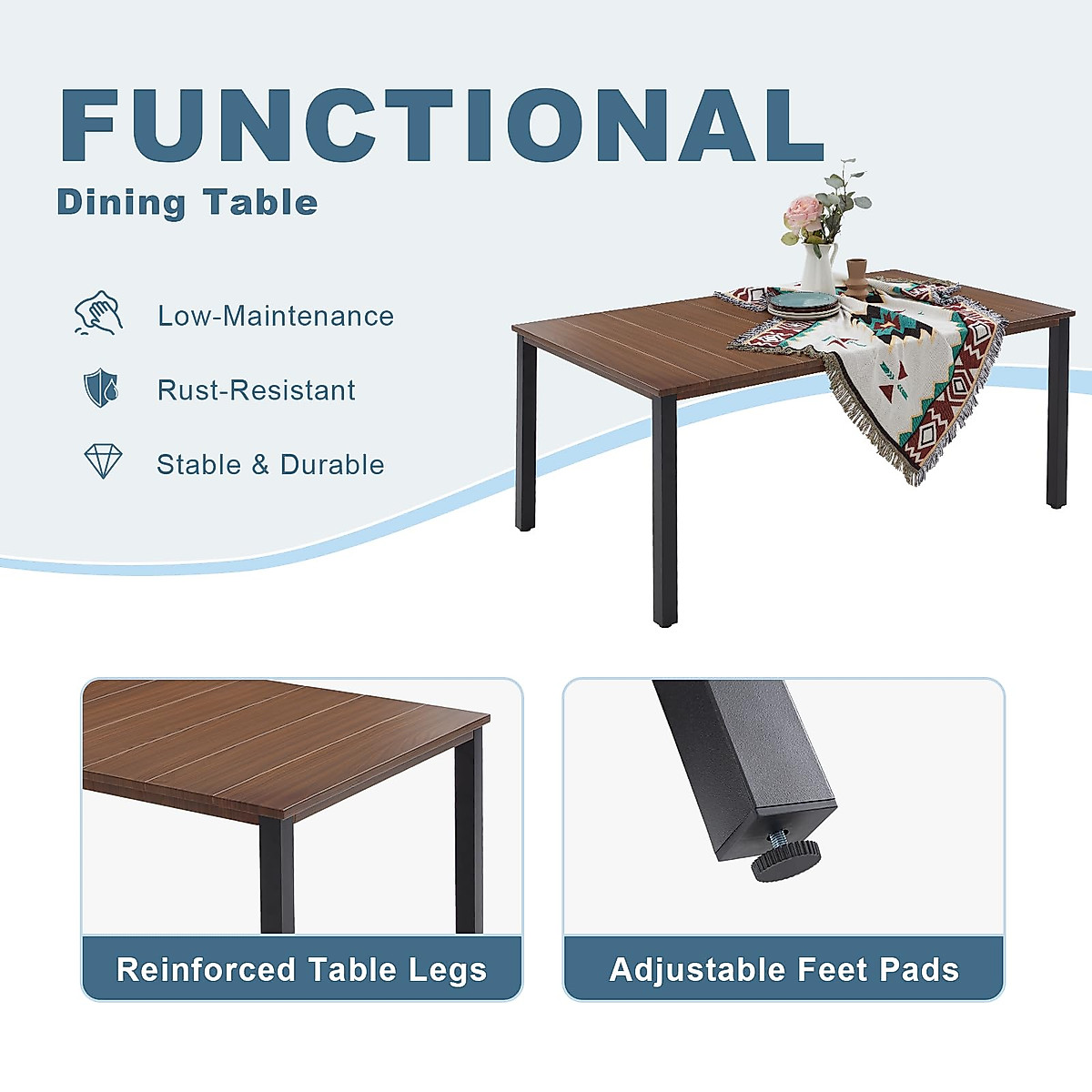 DIFY 3 Pcs Outdoor Furniture Set, Patio Dining Set with Metal Frame Rectangular Picnic Table and Outdoor Metal Backless Benches for Balcony, Poolside and Deck, Walnut