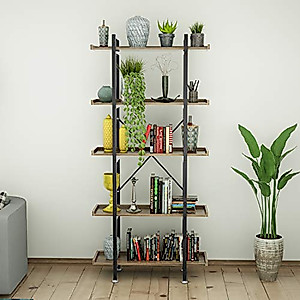 SEISSO 5 Tier Bookcase, Open Bookshelf Metal Shelving Unit Etagere Bookcase Solid Tube Wood Shelves Rustic Bookshelf Modern Style Bookcase Furniture for Home Office Living Room 37" x 31.5" x 11.8"