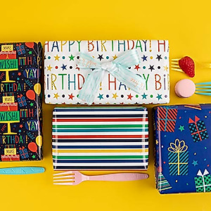 MAYPLUSS Birthday Wrapping Paper Large Sheet - Folded Flat - 4 Different Blue Gifts Design (30.1 sq. ft.TTL.) - 27.5 inch X 39.4 inch Per Sheet
