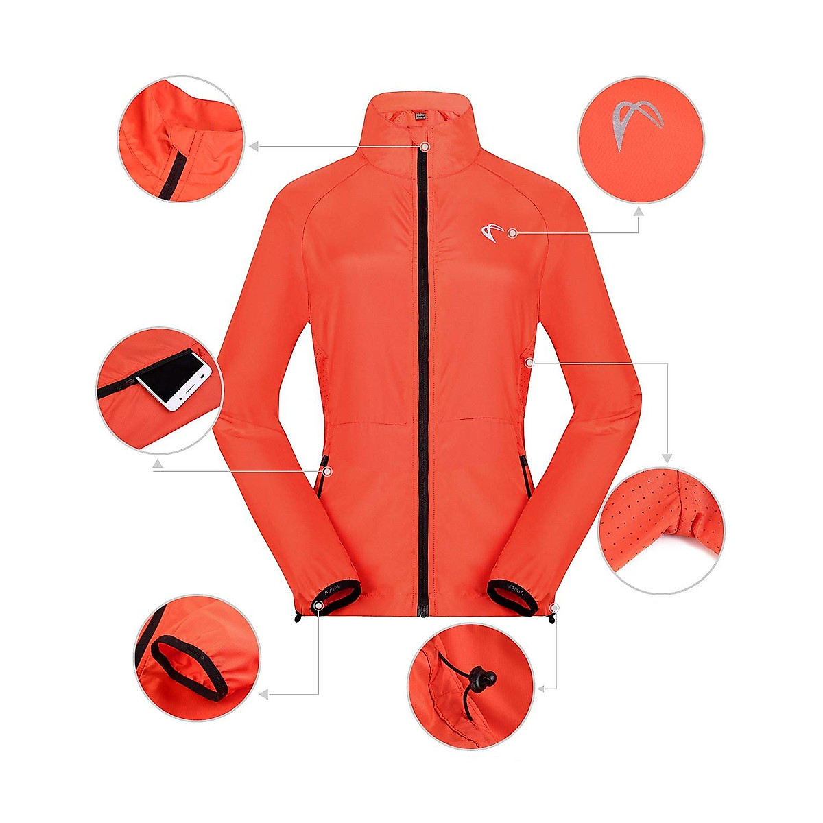 ROWAI Women's Packable Windbreaker Jacket Resistant Cycling Running Jacket Lightweight Windproof Water Orange S