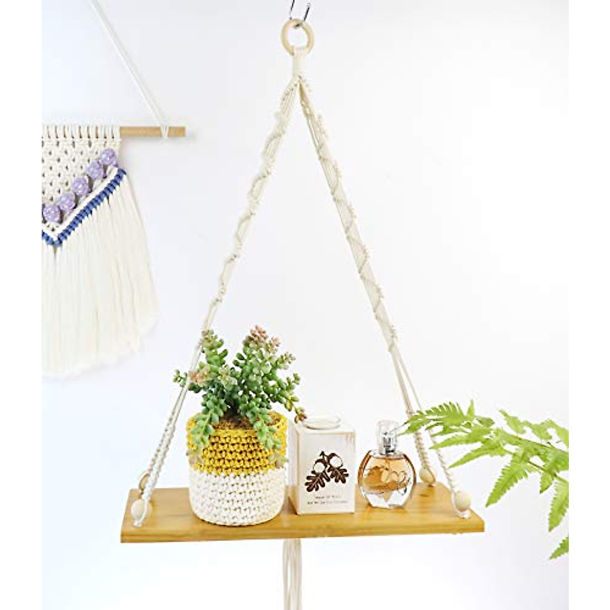 MYARTREE Floating Shelf, Macrame Wall Hanging Shelf,Rope Swing Storage Decor for Living Room, Bedroom, Bathroom or Office(16.5x5.9x0.51inch, Natural Color)