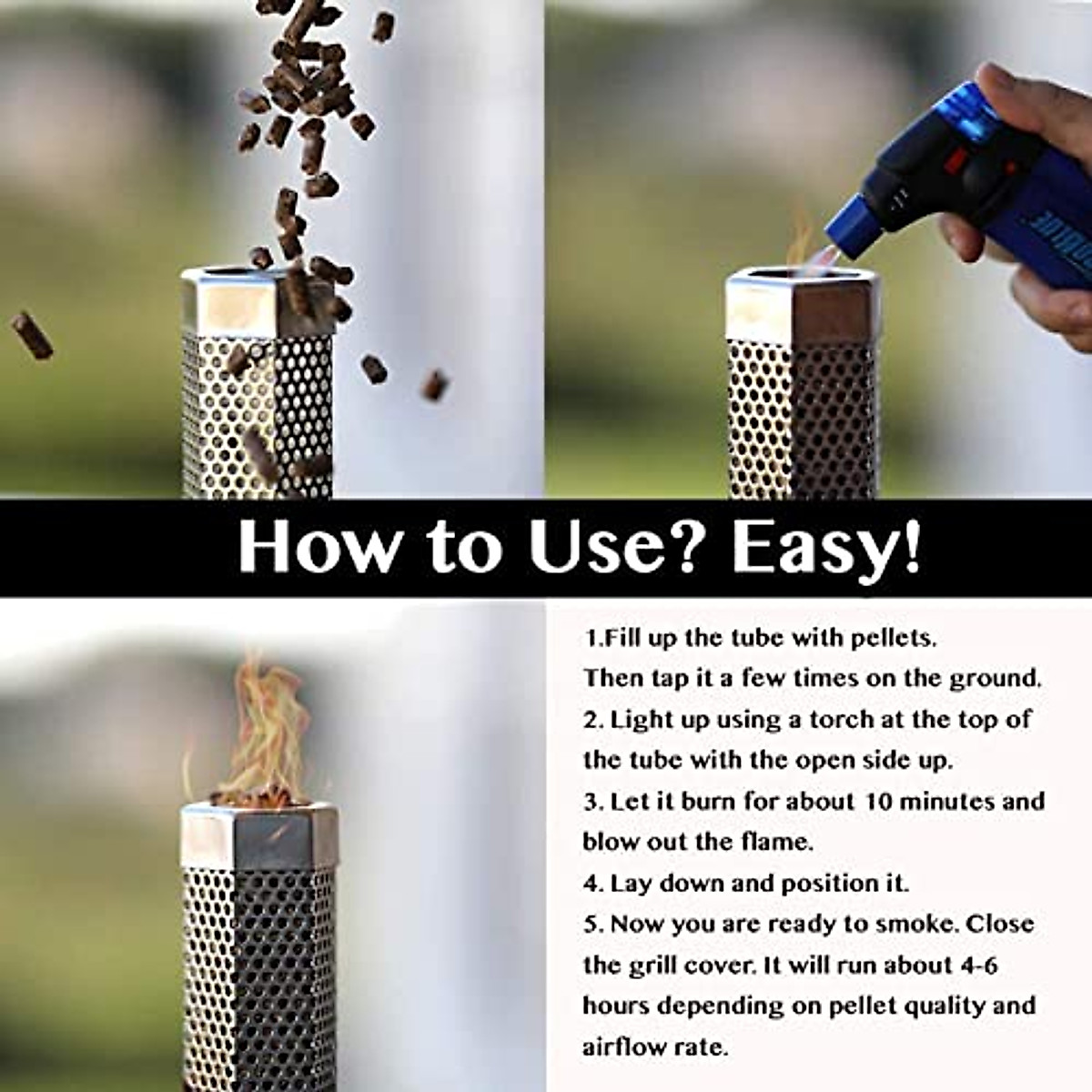 Pellet Smoker Tube-Hylfenis 12" Pellet Tube For Smoking-Hot or Cold Smoking Tube for Electric Gas Charcoal Grilling with 2 Hooks,2 Brushes,10Pack Metal Skewers-Perfect for Smoking Cheese Nuts Steaks Fish Pork Beef