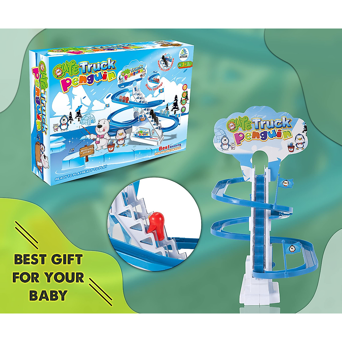 ARSUK Playful Penguin Race Game, Roller Coaster Musical Toy Track Playset with Music & LED Flashing Lights On/Off Button for Toddlers and Kids Gift